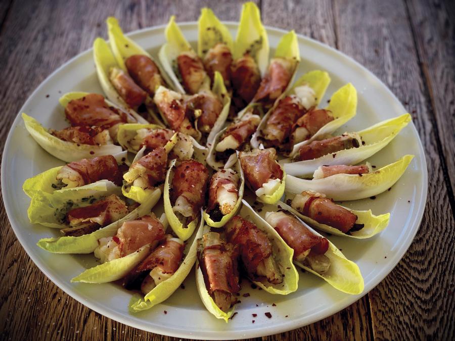 Pan fried Blue Cod, proscuitto and gherkin bites with white anchovy re ...